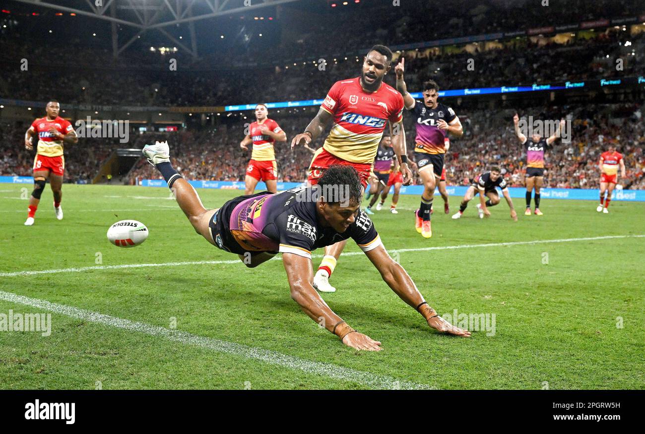 Selwyn Cobbo of the Broncos scores a try during the NRL Round 4 match ...