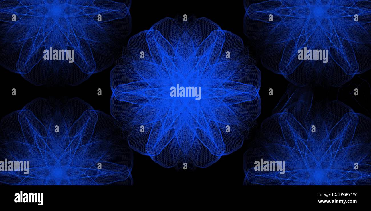 Modern futuristic glowing neon blue geometric shapes repeat pattern design with flowers on black ...