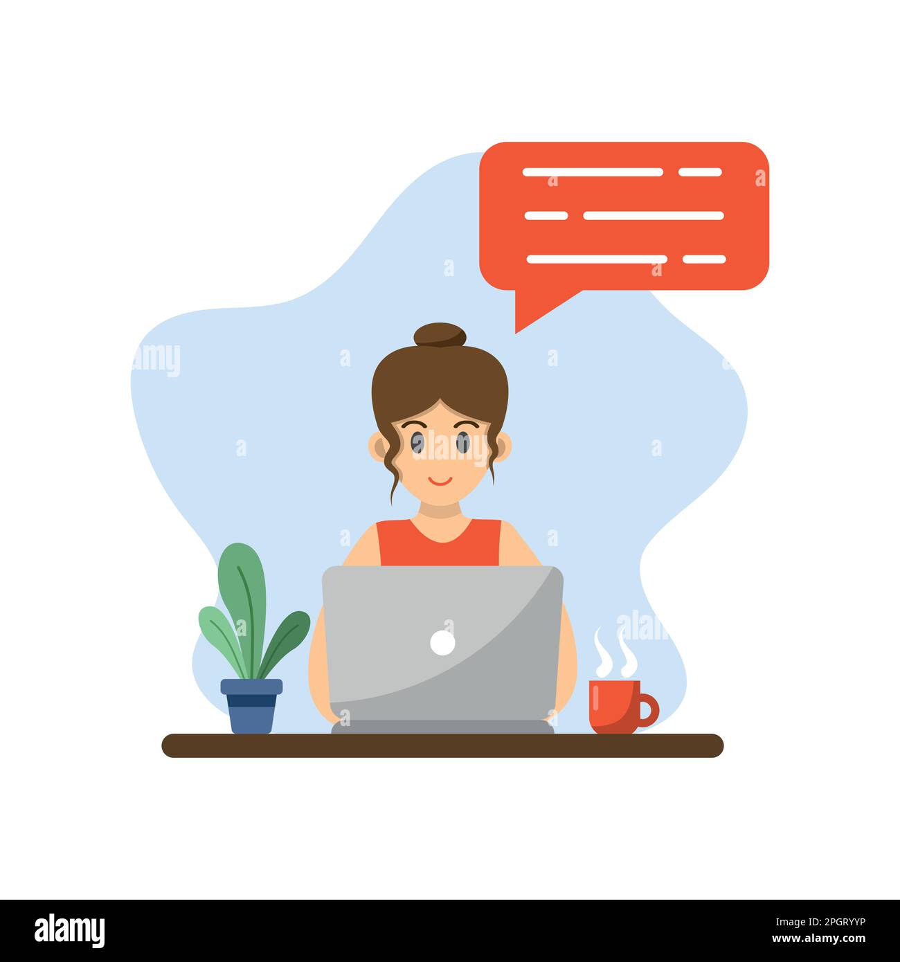 Girl with laptop icon in flat style. Woman freelance working vector ...