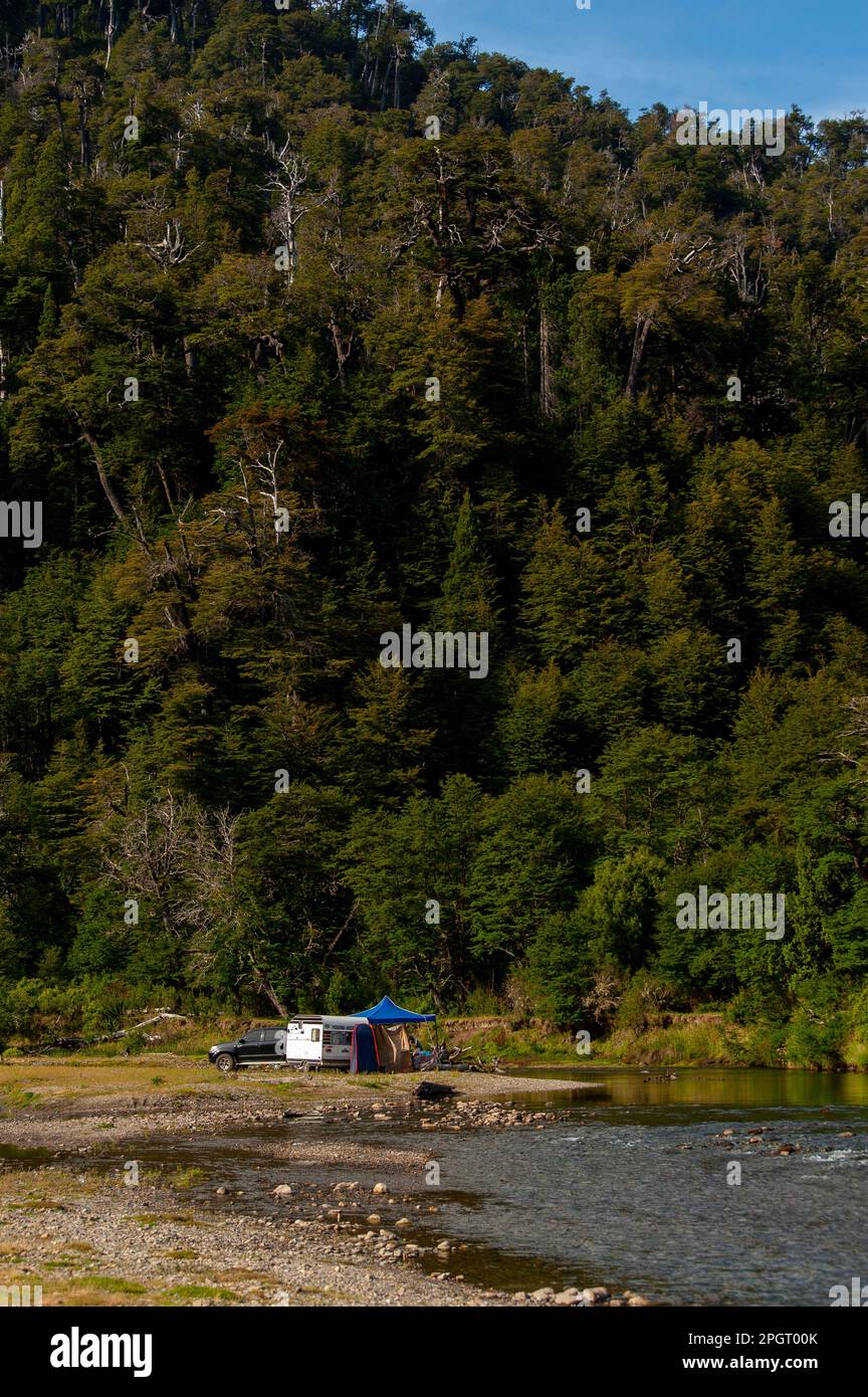 Camping area on the Pichi Traful river, Seven Lakes Road, Ruta 40 ...