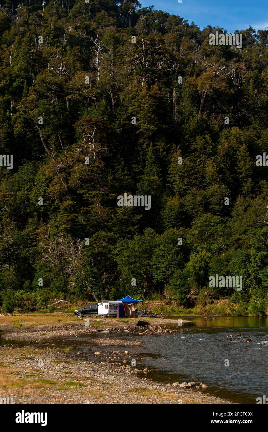 Camping area on the Pichi Traful river, Seven Lakes Road, Ruta 40 ...