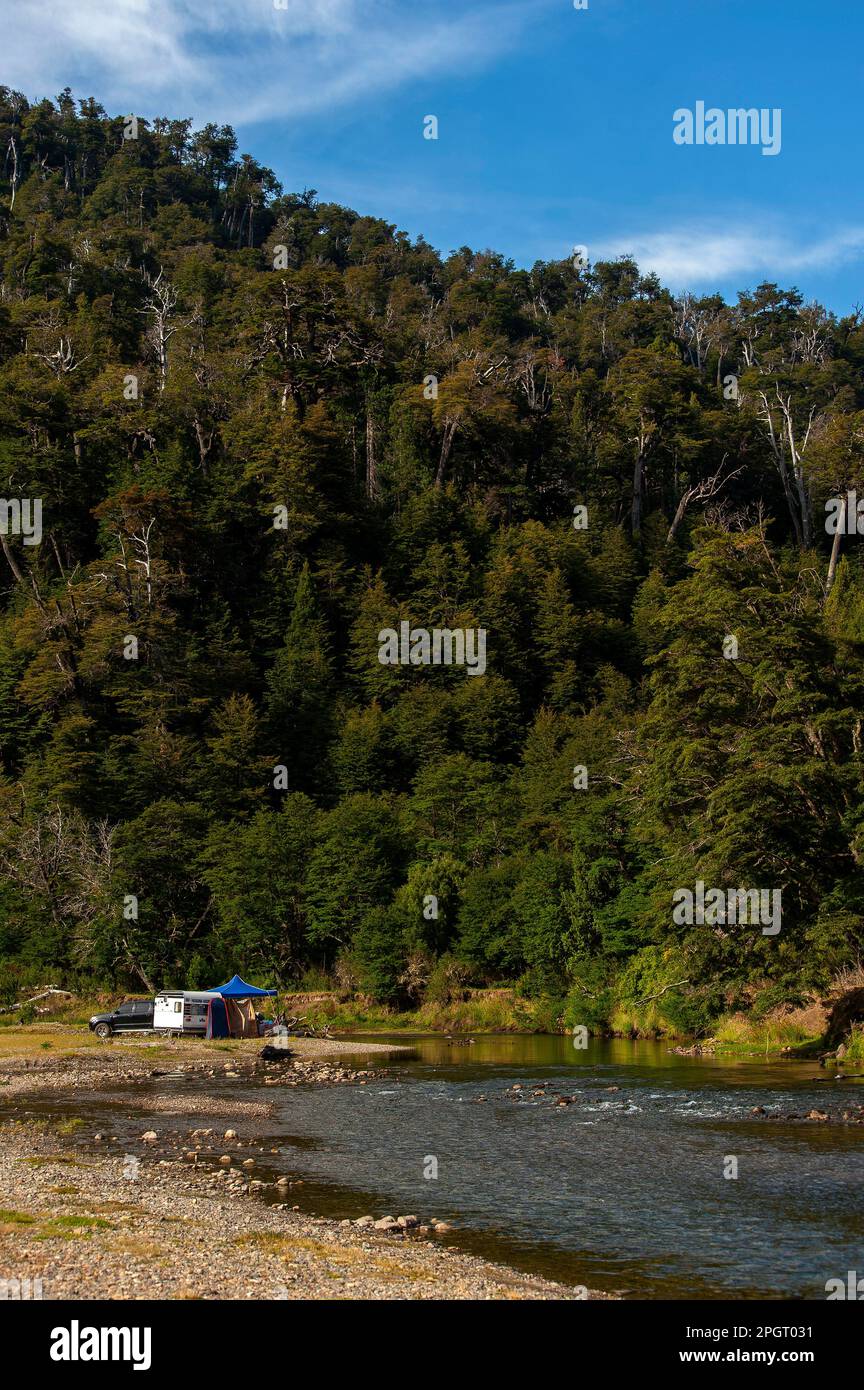 Camping area on the Pichi Traful river, Seven Lakes Road, Ruta 40 ...