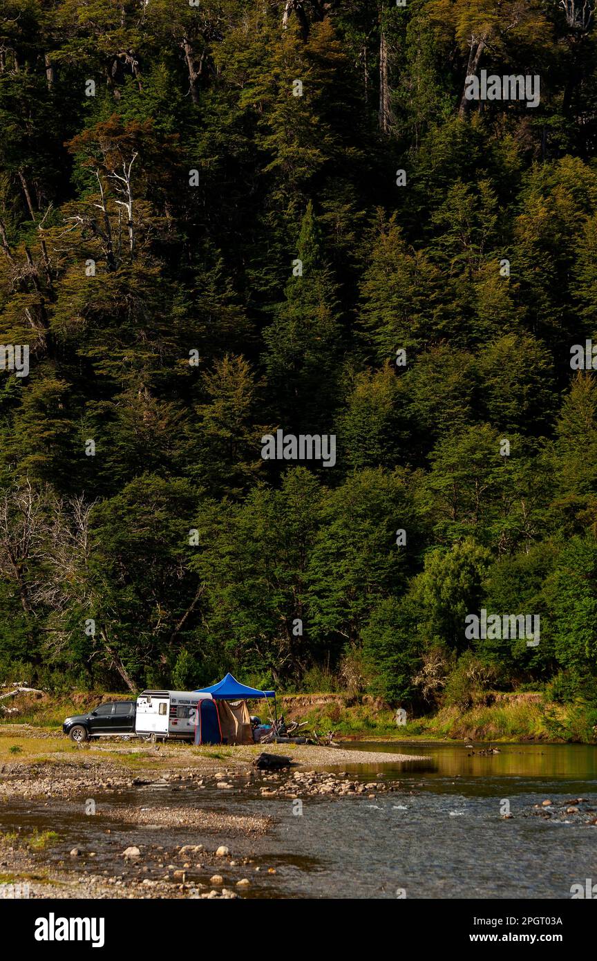 Camping area on the Pichi Traful river, Seven Lakes Road, Ruta 40 ...