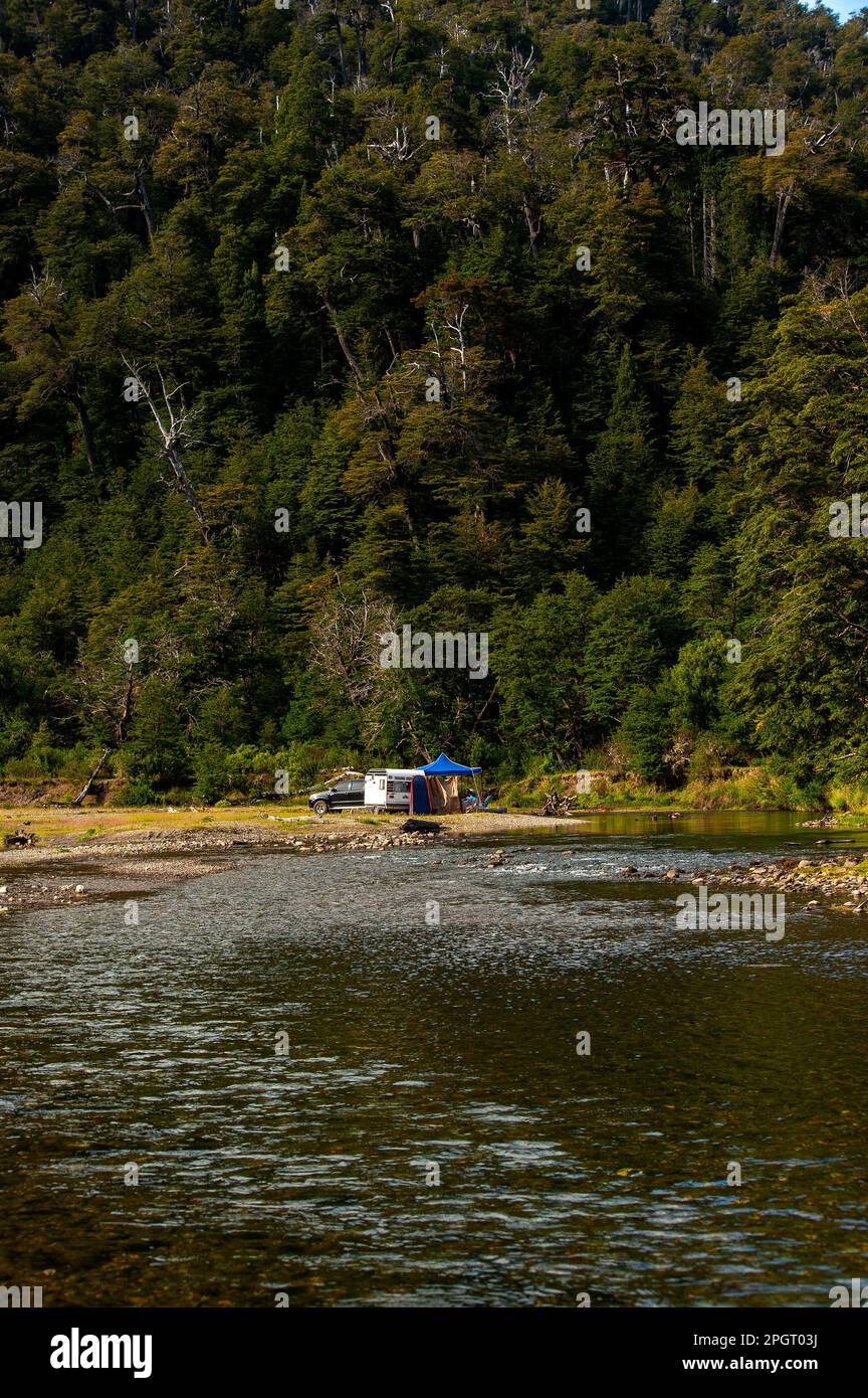 Camping area on the Pichi Traful river, Seven Lakes Road, Ruta 40 ...