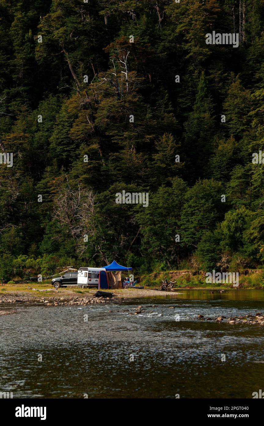 Camping area on the Pichi Traful river, Seven Lakes Road, Ruta 40 ...