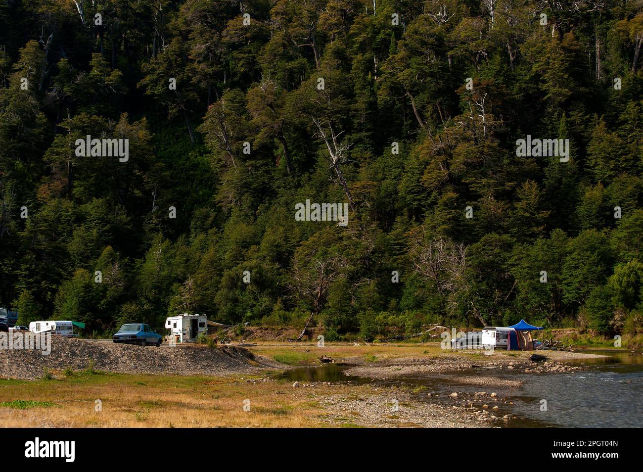 Camping area on the Pichi Traful river, Seven Lakes Road, Ruta 40 ...