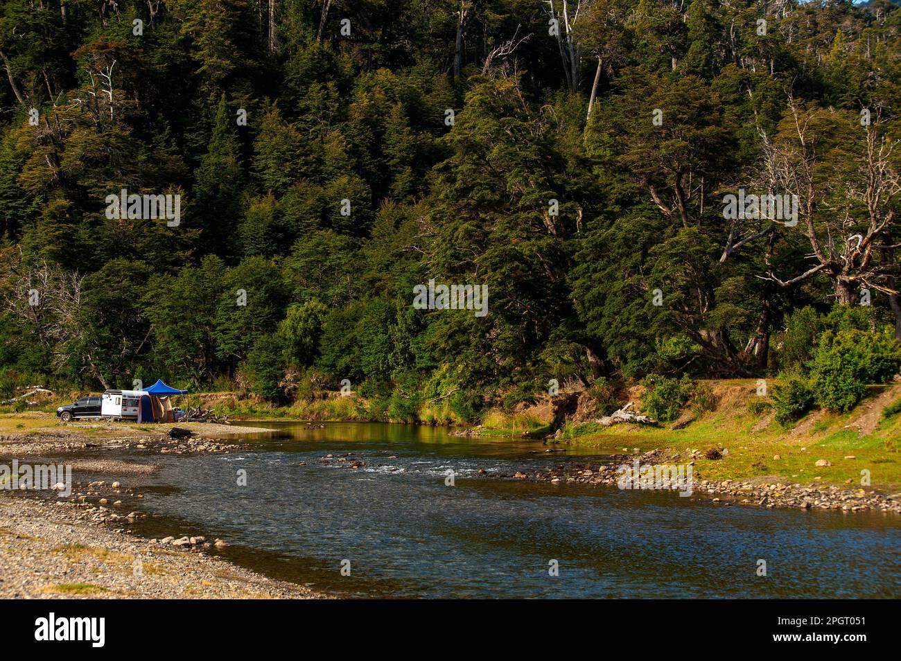Camping area on the Pichi Traful river, Seven Lakes Road, Ruta 40 ...