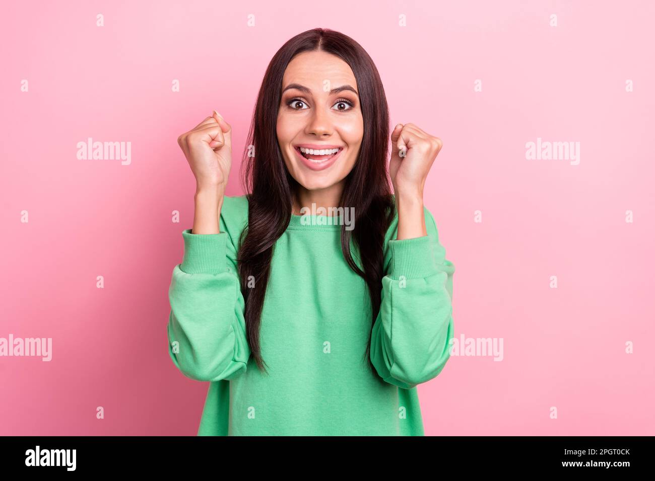 Photo of young overjoyed surprised woman raise fists up hooray yelling ...