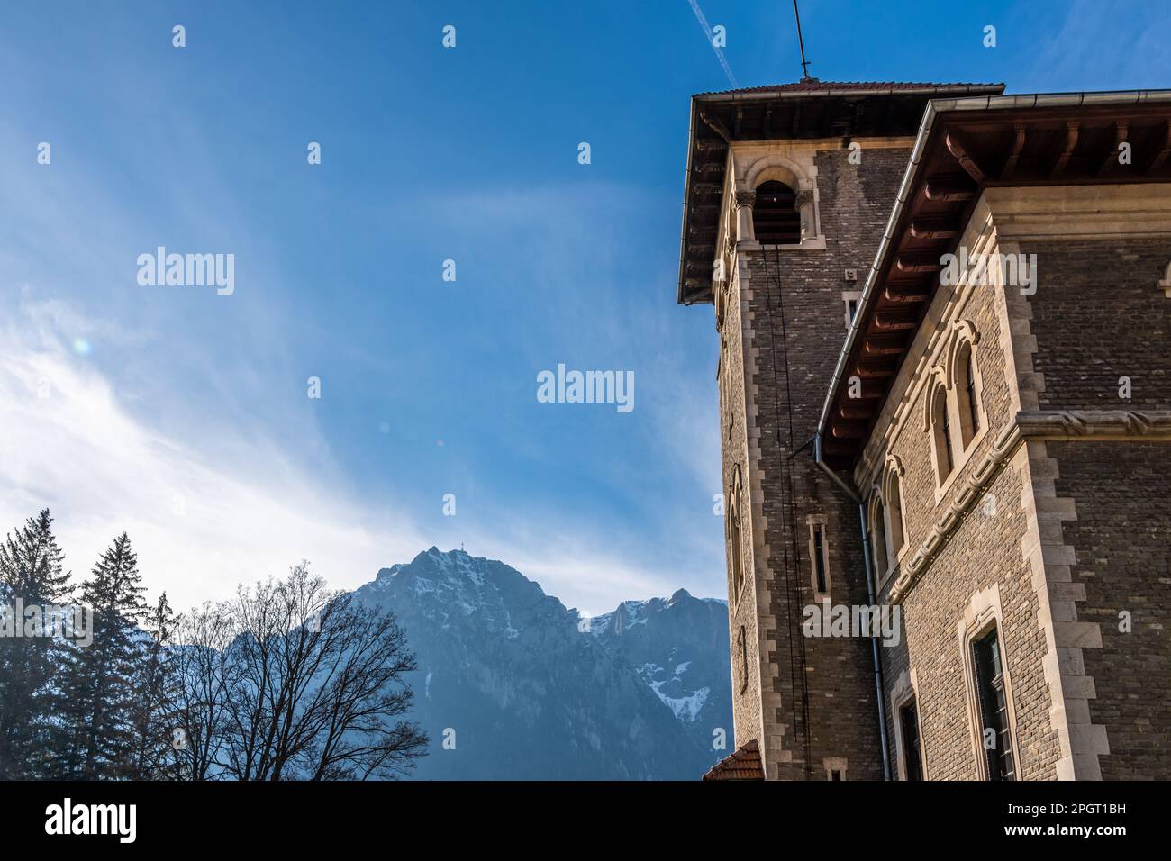 Cantacuzino Castle with the the Bucegi Mountains, Romania. Used in ...