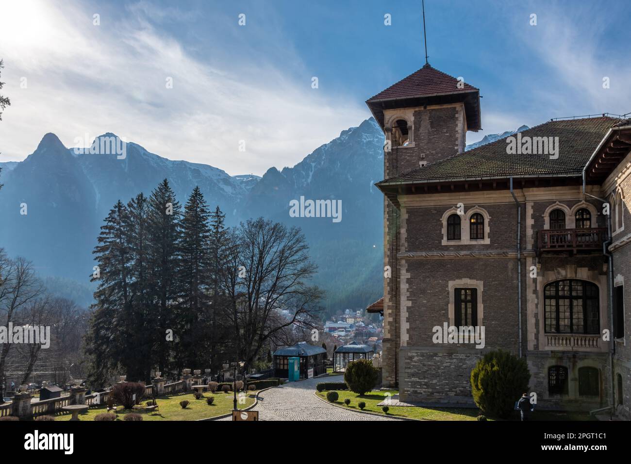 Part of Cantacuzino Castle with the Bucegi Mountains, Romania. Used in ...