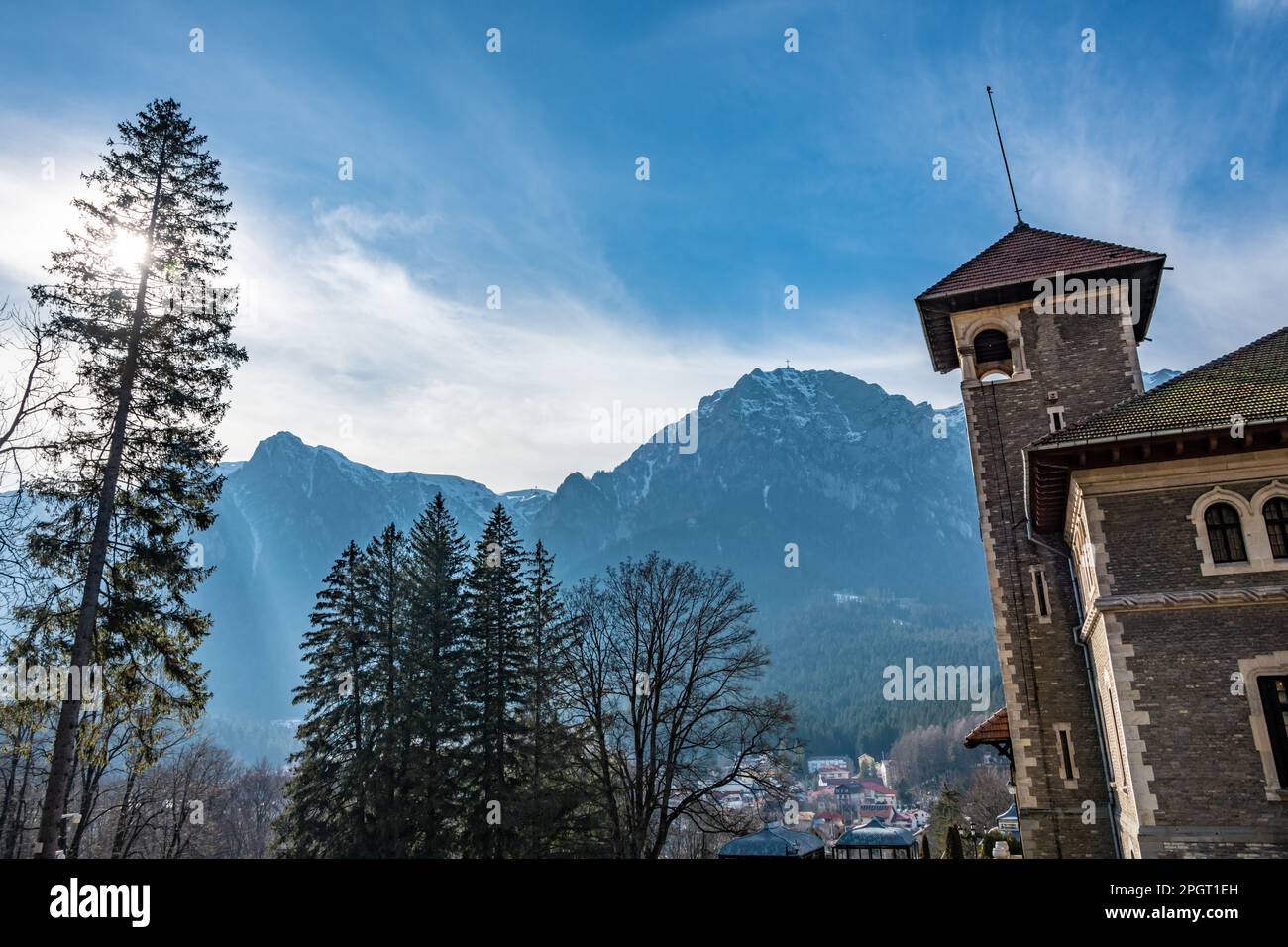 Part of Cantacuzino Castle with the Bucegi Mountains, Romania. Used in ...