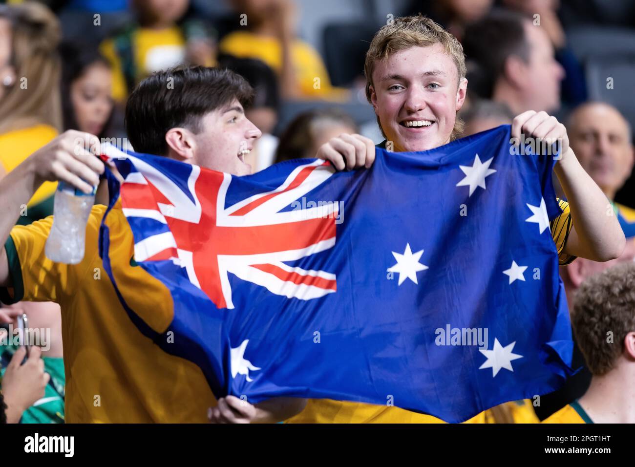 Sydney, Australia, 24 March, 2023. Australian fans hold a flag during ...