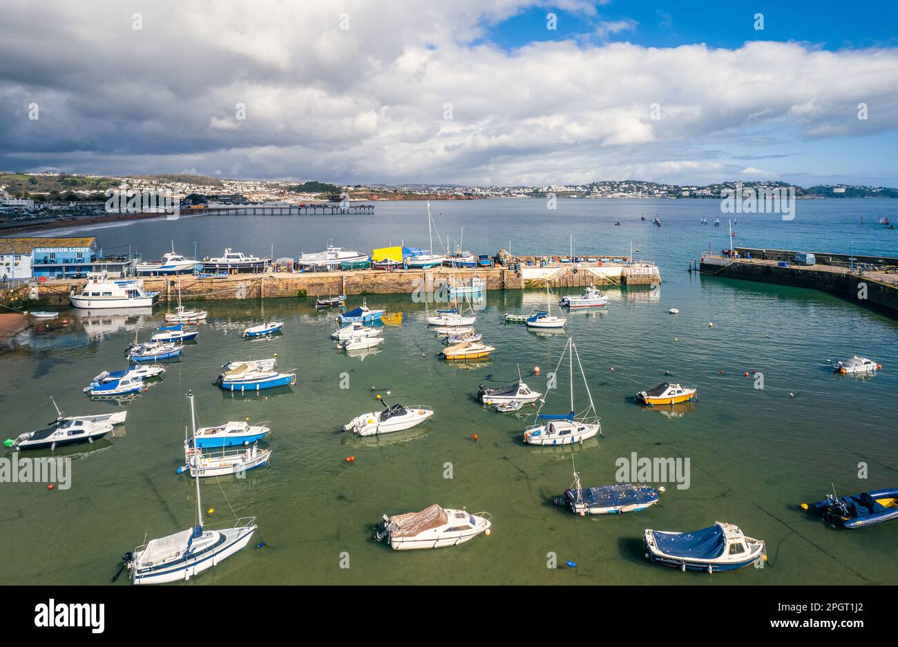 Aerial view of Paignton Harbour and South Quay from a drone, Paignton ...