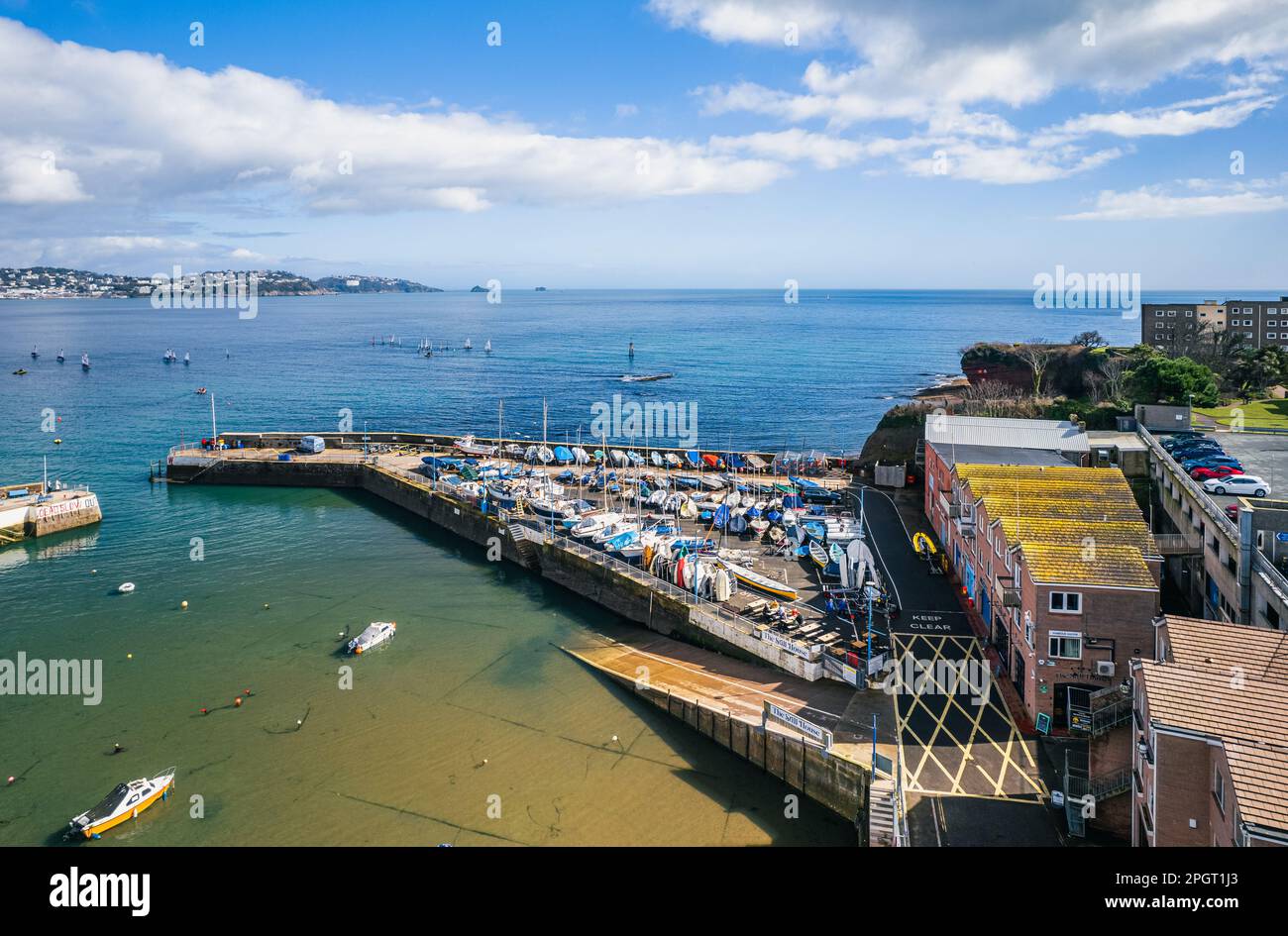 Aerial view of Paignton Harbour and South Quay from a drone, Paignton ...