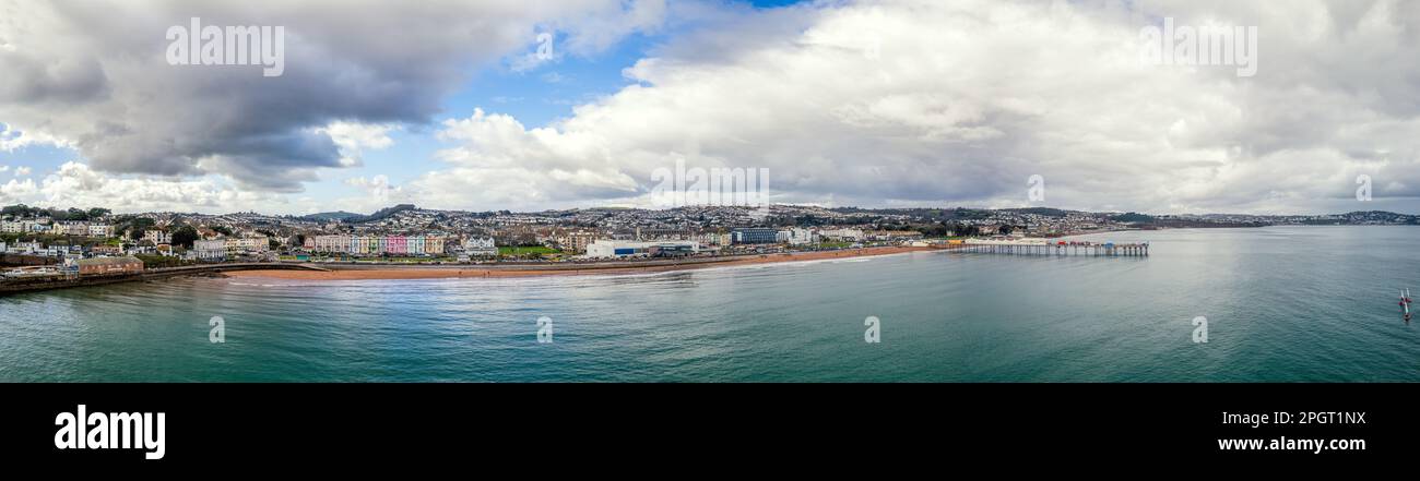 Aerial view of Paignton Pier and Beach from a drone, Paignton, Devon ...