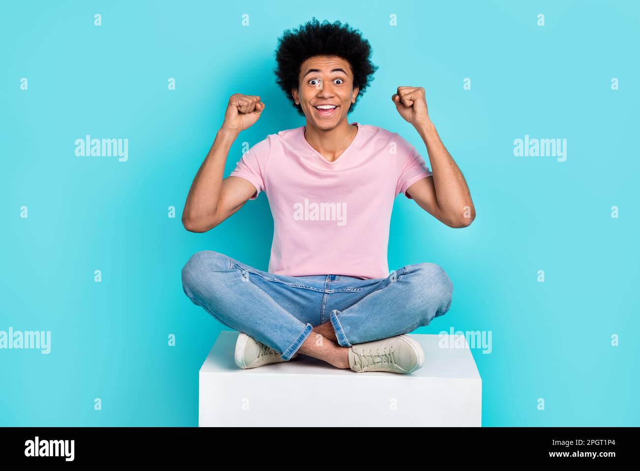 Full body length size of youngster student man fists celebrate end ...