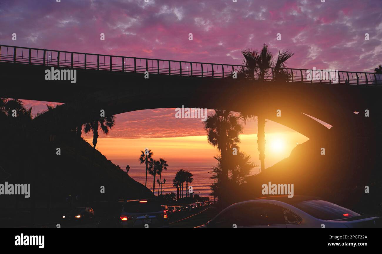 Sunset view from La Bajada de Balta in Miraflores, in the city of Lima ...