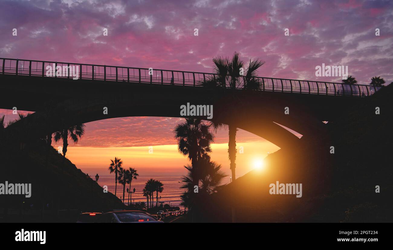 Sunset view from La Bajada de Balta in Miraflores, in the city of Lima ...