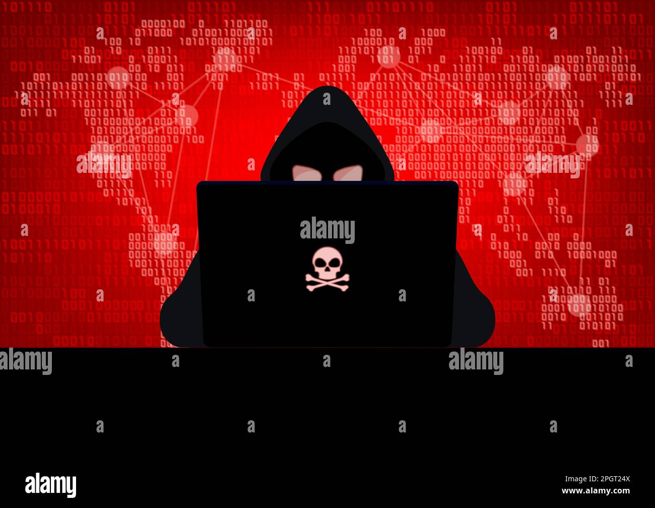 Silhouette of hacker wearing hood using laptop computer with glow in the dark red skull and ...