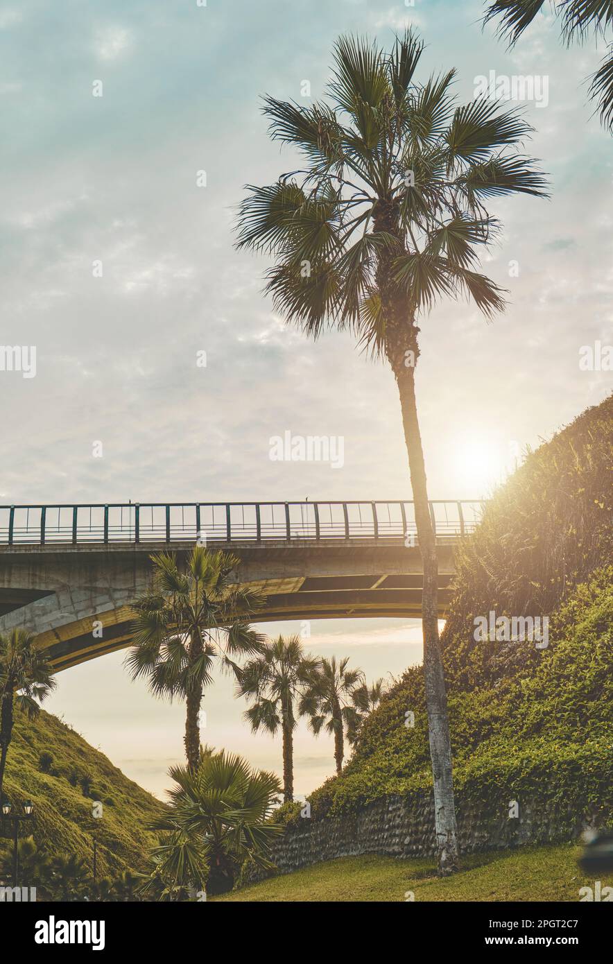 Sunset view from La Bajada de Balta in Miraflores, in the city of Lima ...