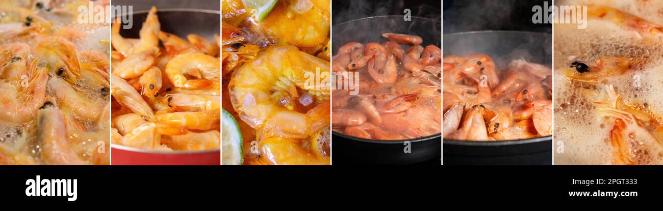 Food collage photos of shrimp collected in a collage. Banner ...