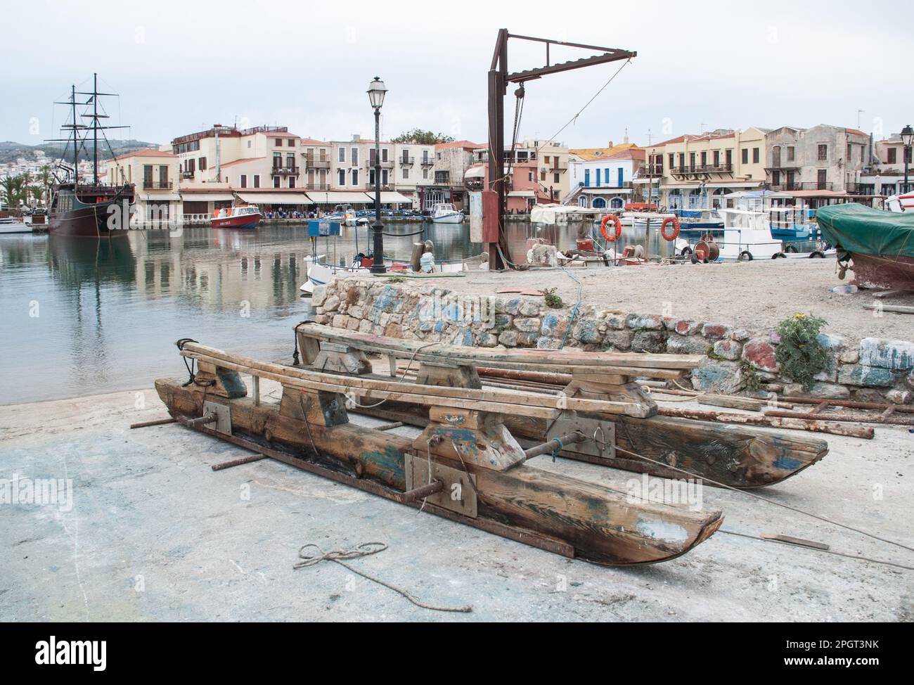 Harbour area Rethymnon, Crete, Greece with skids for getting boats from ...