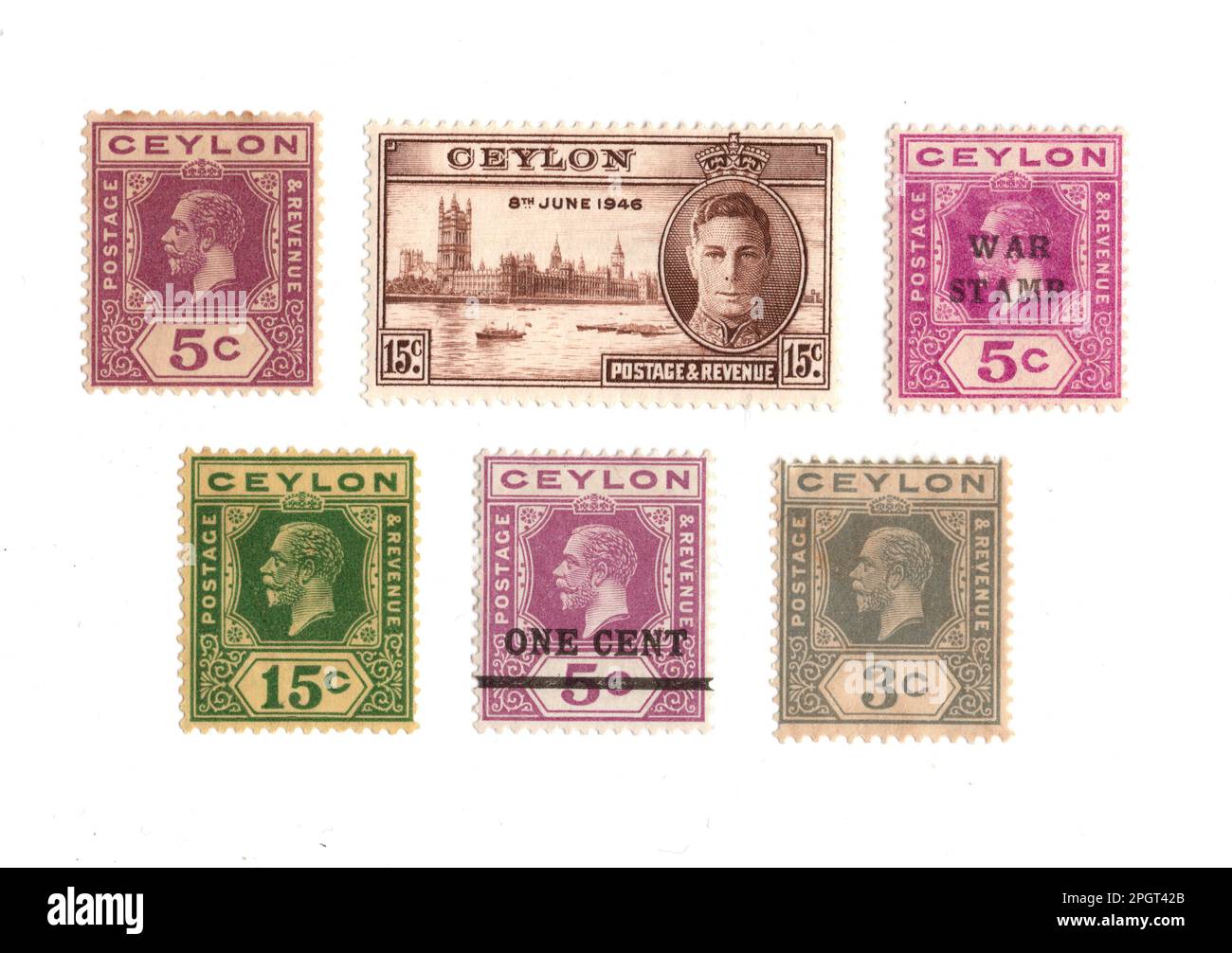 Vintage mint postage stamps from Ceylon isolated on a white background ...