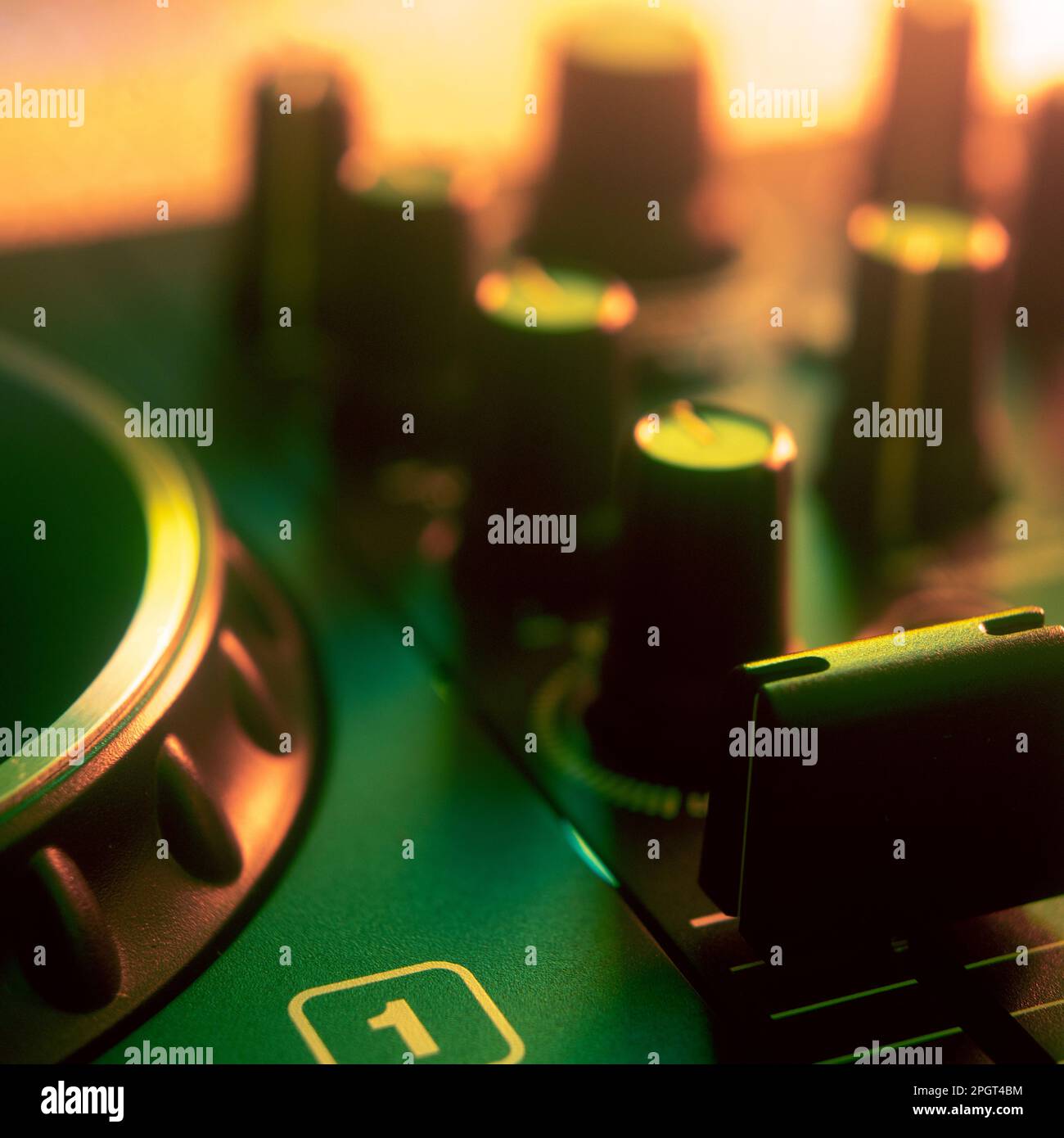 Dj nightclub deejay mixing desk house music on turntables party square ...