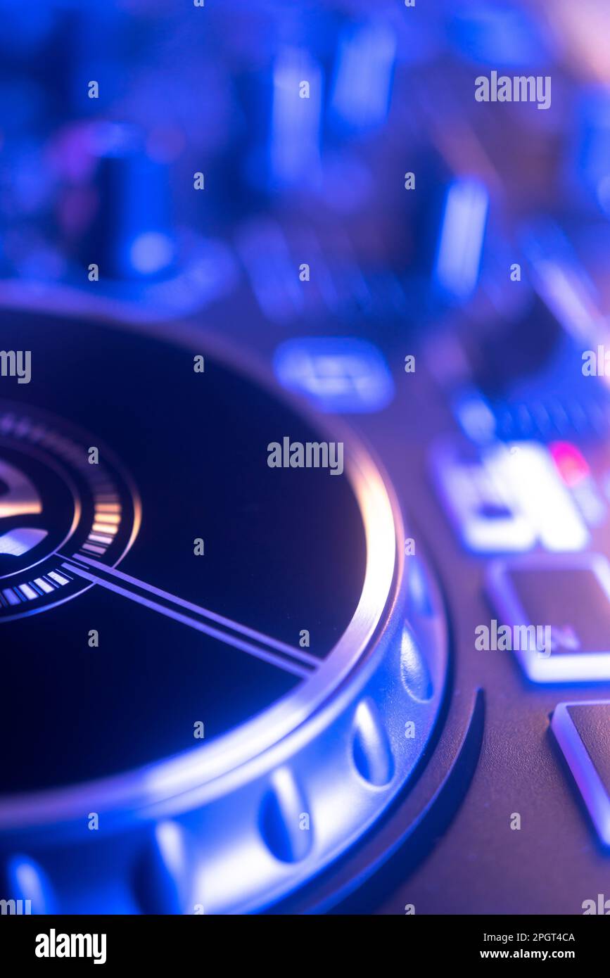 Dj turntables in nightclub electronic music house disco party lights ...