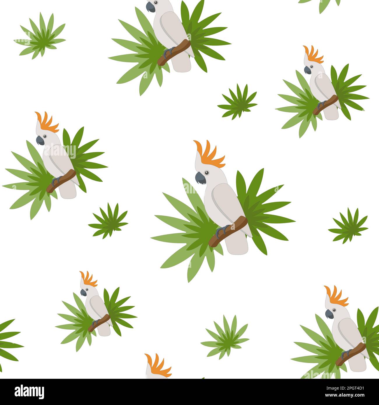 Seamless Pattern Of Australian White Cockatoo With Tropical Leaves On White Background Exotic