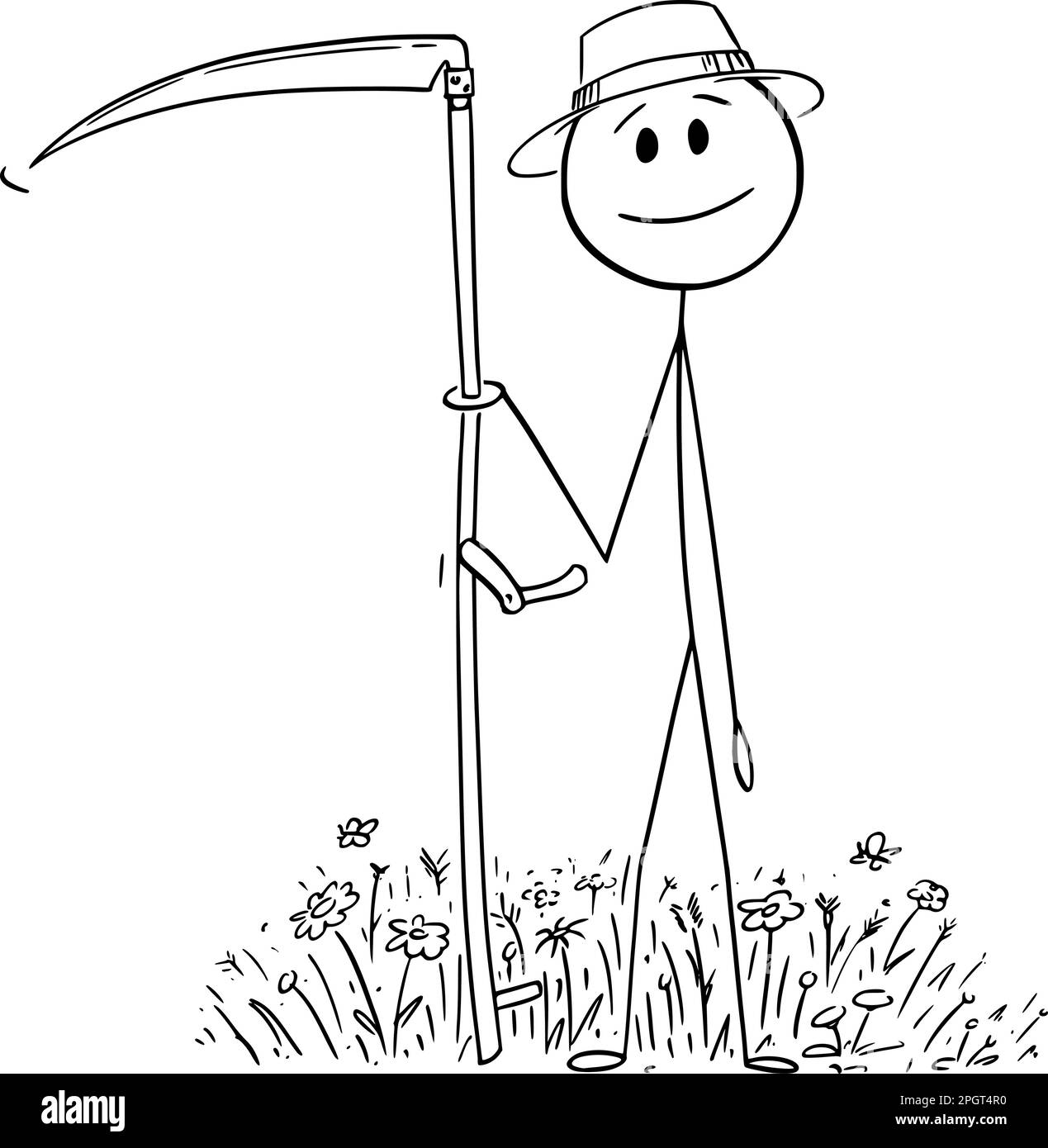 Farmer with scythe mowing grass on meadow, vector cartoon stick figure ...
