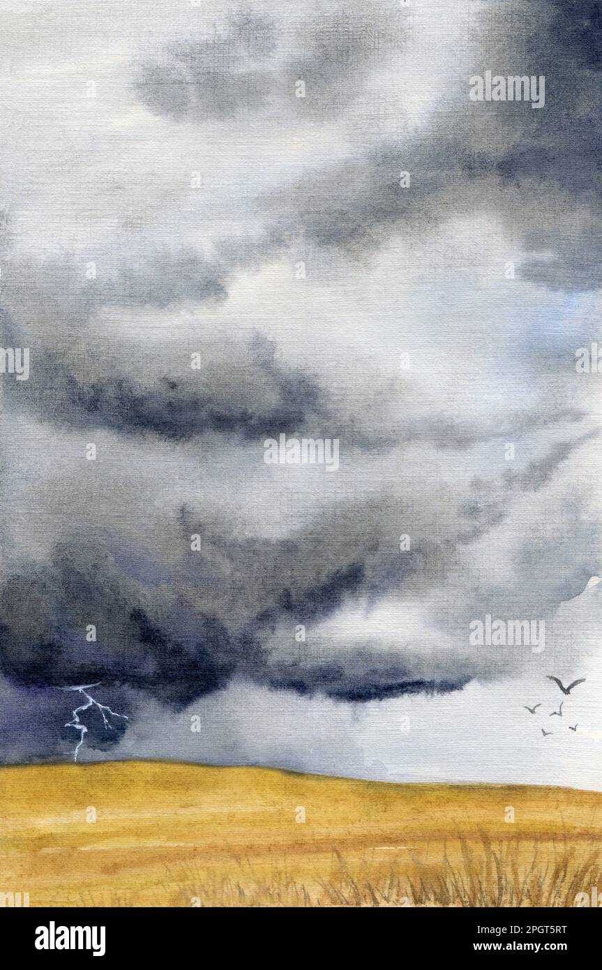 Watercolor field landscape. Dark sky with clouds and lightning ...