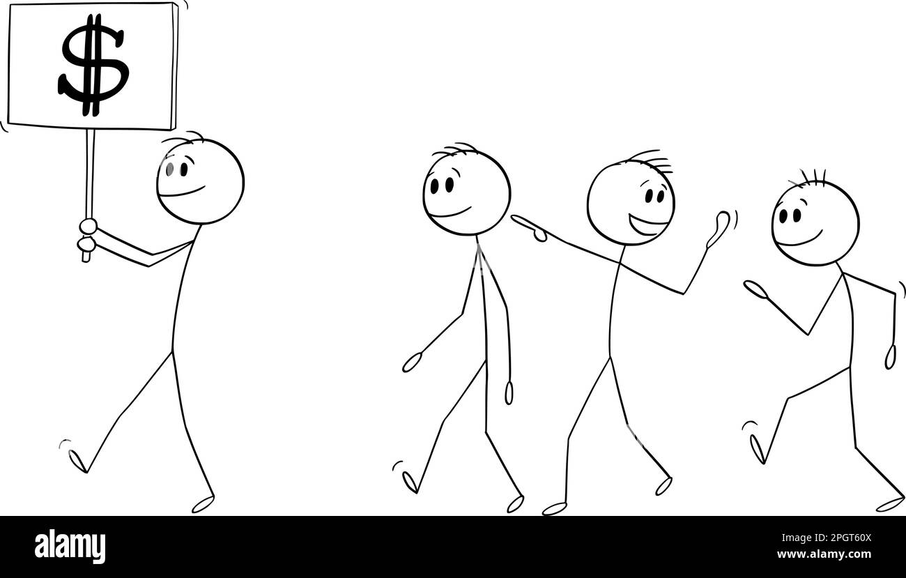 Follow successful, learn to earn money , vector cartoon stick figure or ...