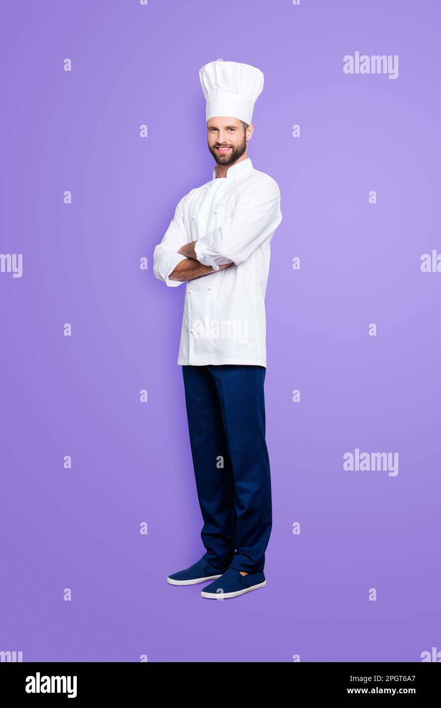 Full size body portrait of joyful positive chef cook with stubble in ...