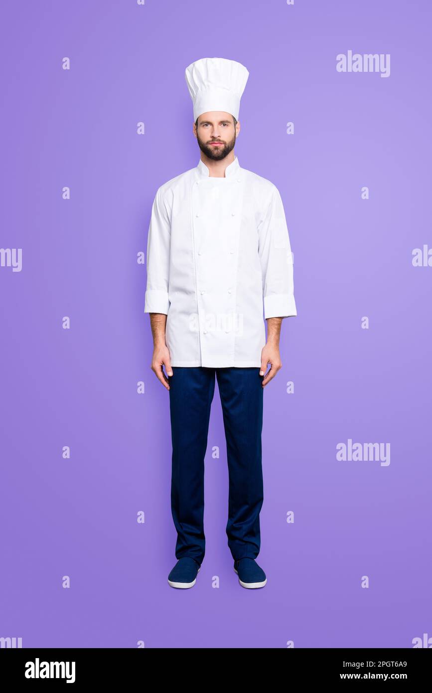 Full size fullbody portrait of attractive stylish chef cook with ...