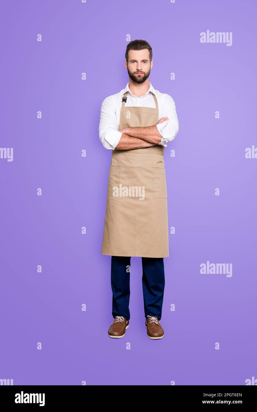 Full size fullbody portrait of strict attractive barber in uniform ...