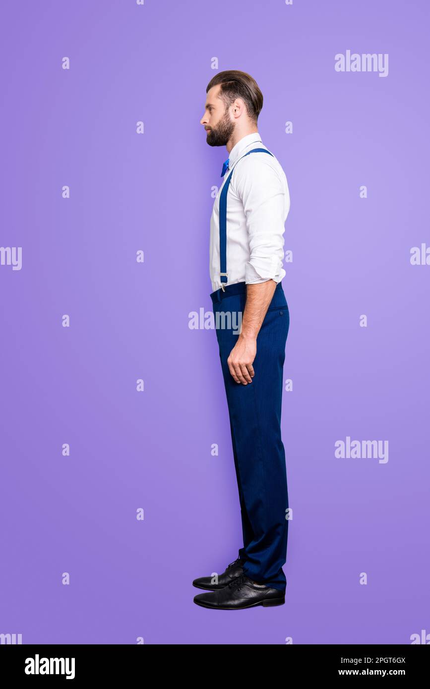 Full size fullbody, profile side view portrait of handsome attractive ...