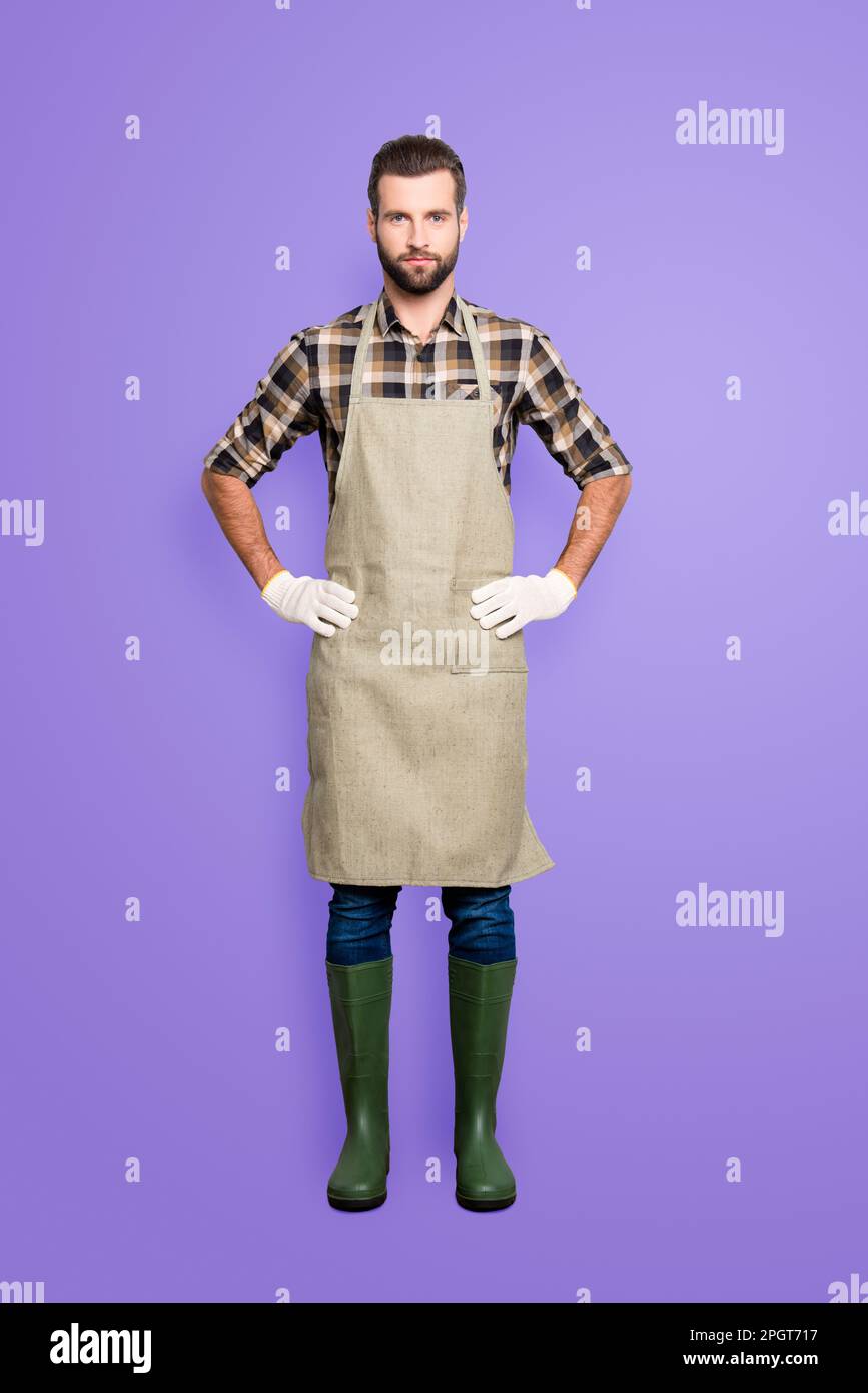 Full size body snap portrait of virile harsh gardener with stubble ...