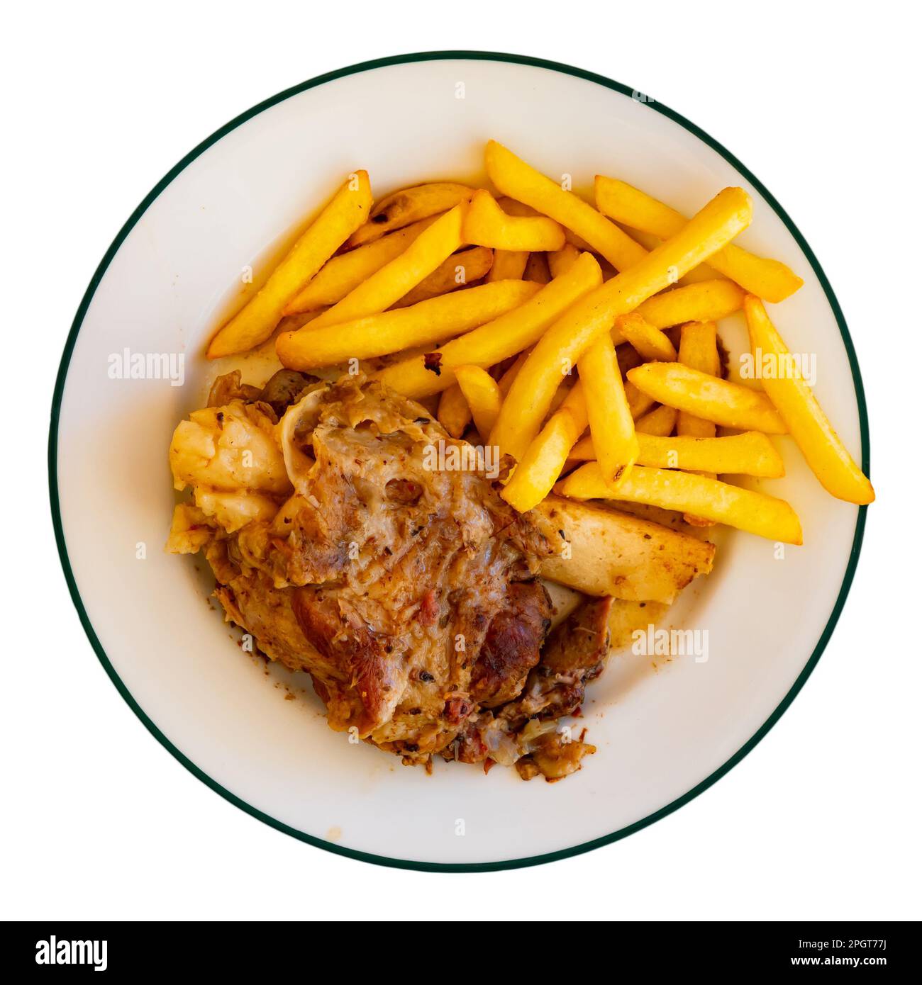 Beer roasted pork knuckle with vegetable side dish of french fries ...