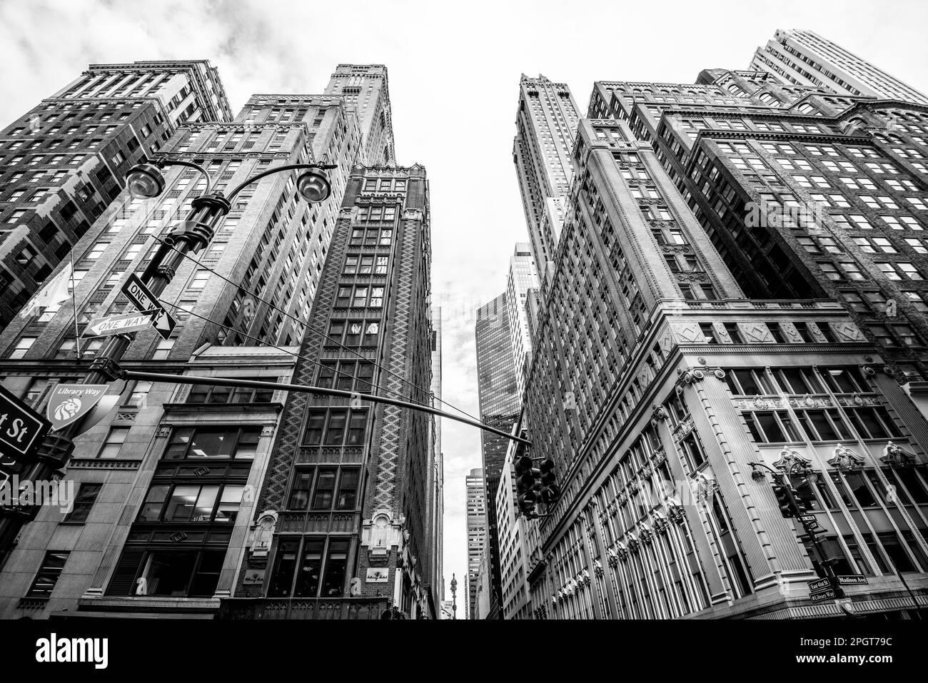 Manhattan street view with big buildings, New York, USA. Black and ...