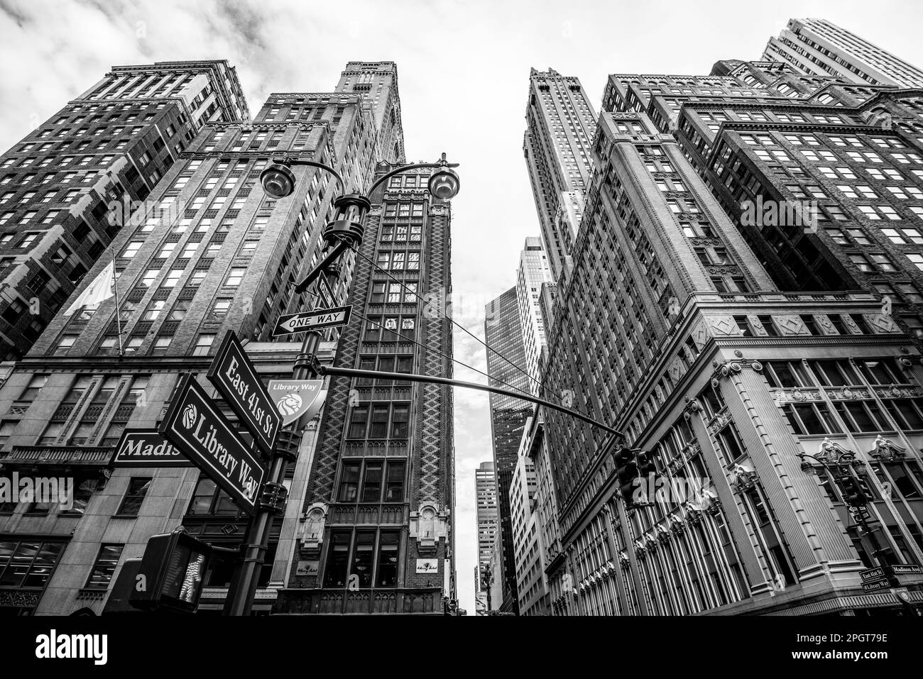 Manhattan street view with big buildings, New York, USA. Black and ...