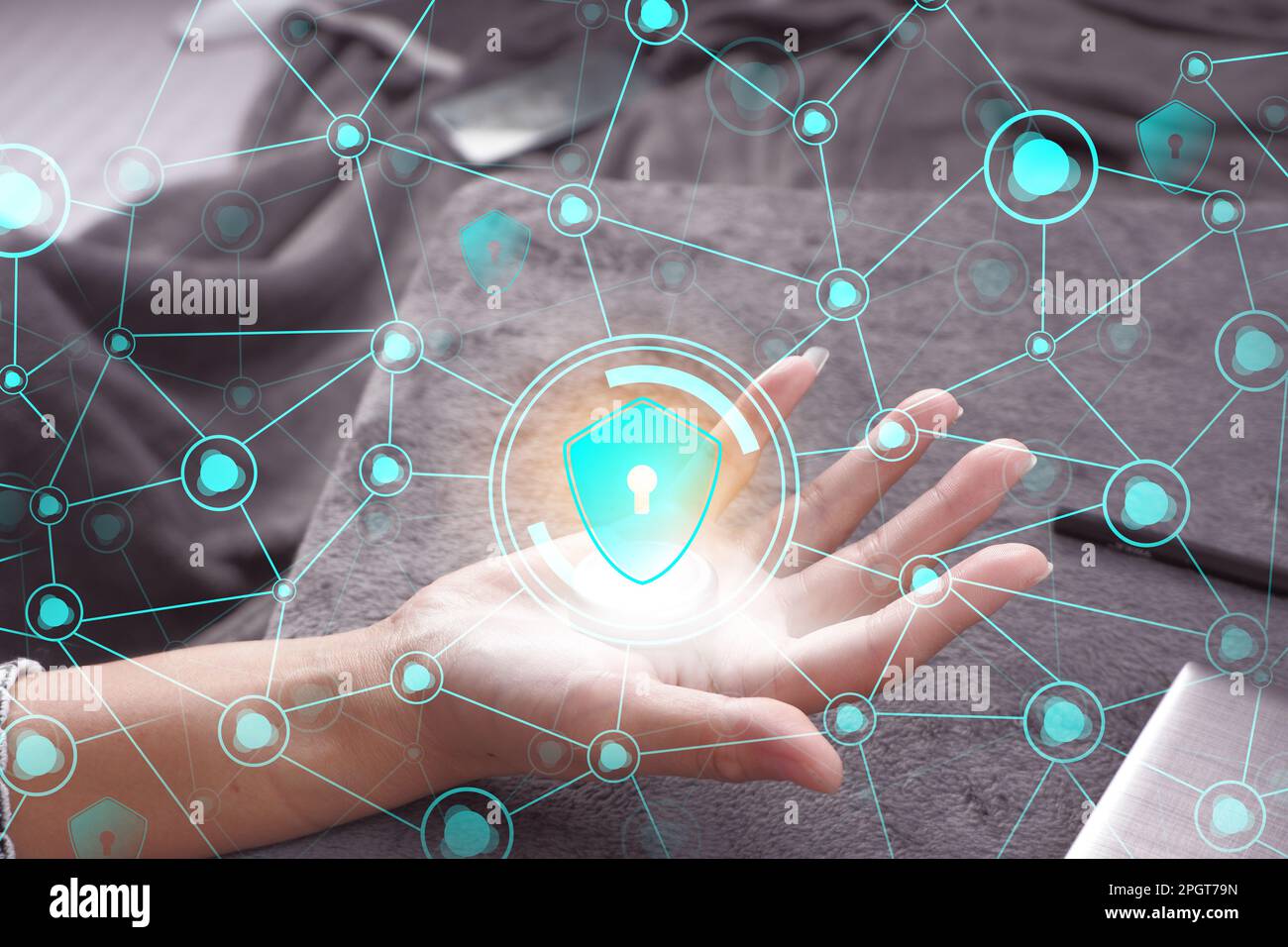 Data protection privacy concept. GDPR. Cyber security network. Hand touch black tablet with ...