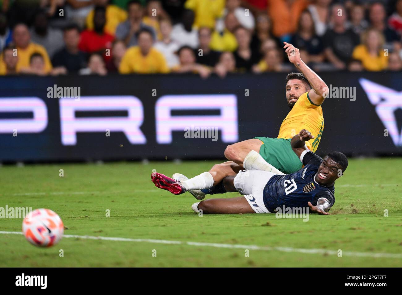 Brandon Borello of Australia kicks the ball during the soccer match ...
