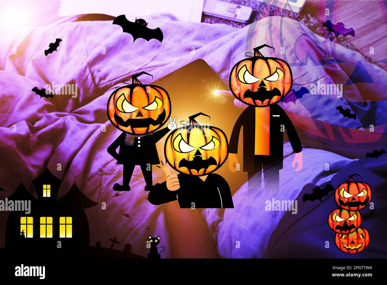 Relaxing day at home with Halloween cartoons Devil's Pumpkin and Castle ...