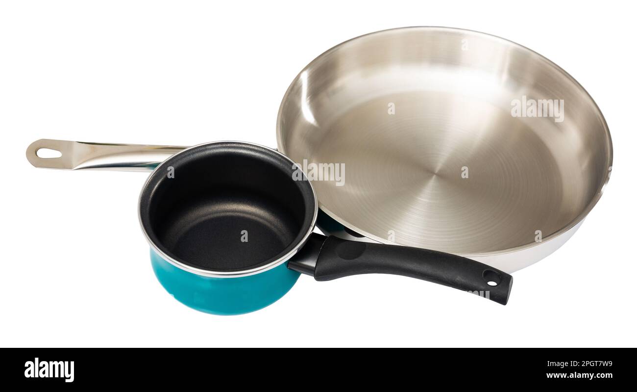 Stainless frying pan and blue non-stick saucepan on white Stock Photo ...