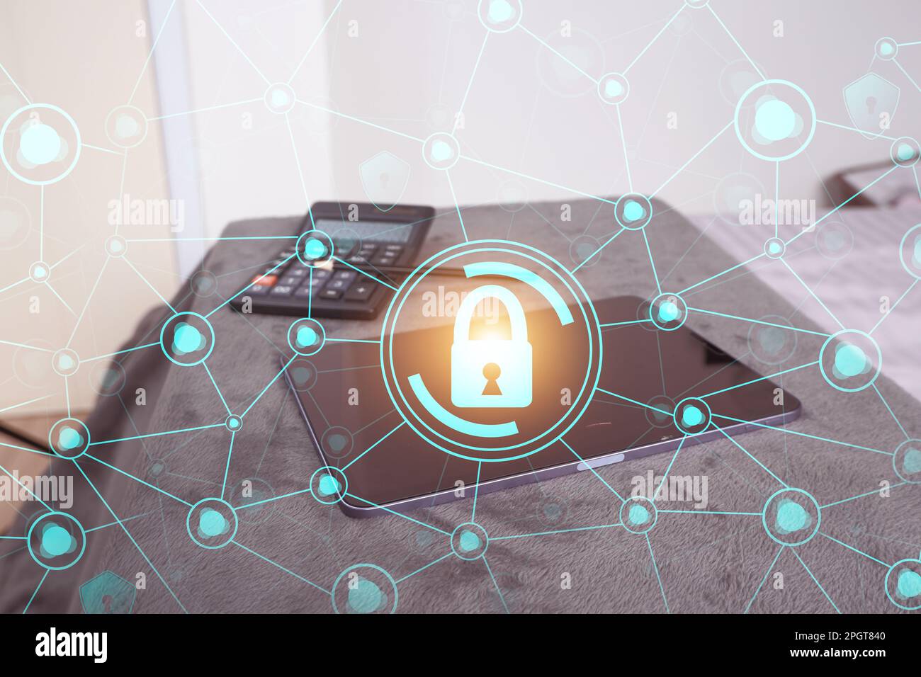 Data protection privacy concept. GDPR. Cyber security network. Hand touch black tablet with ...