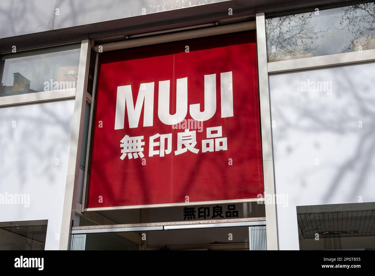 Sign of a Muji store, a Japanese chain of stores selling products ...