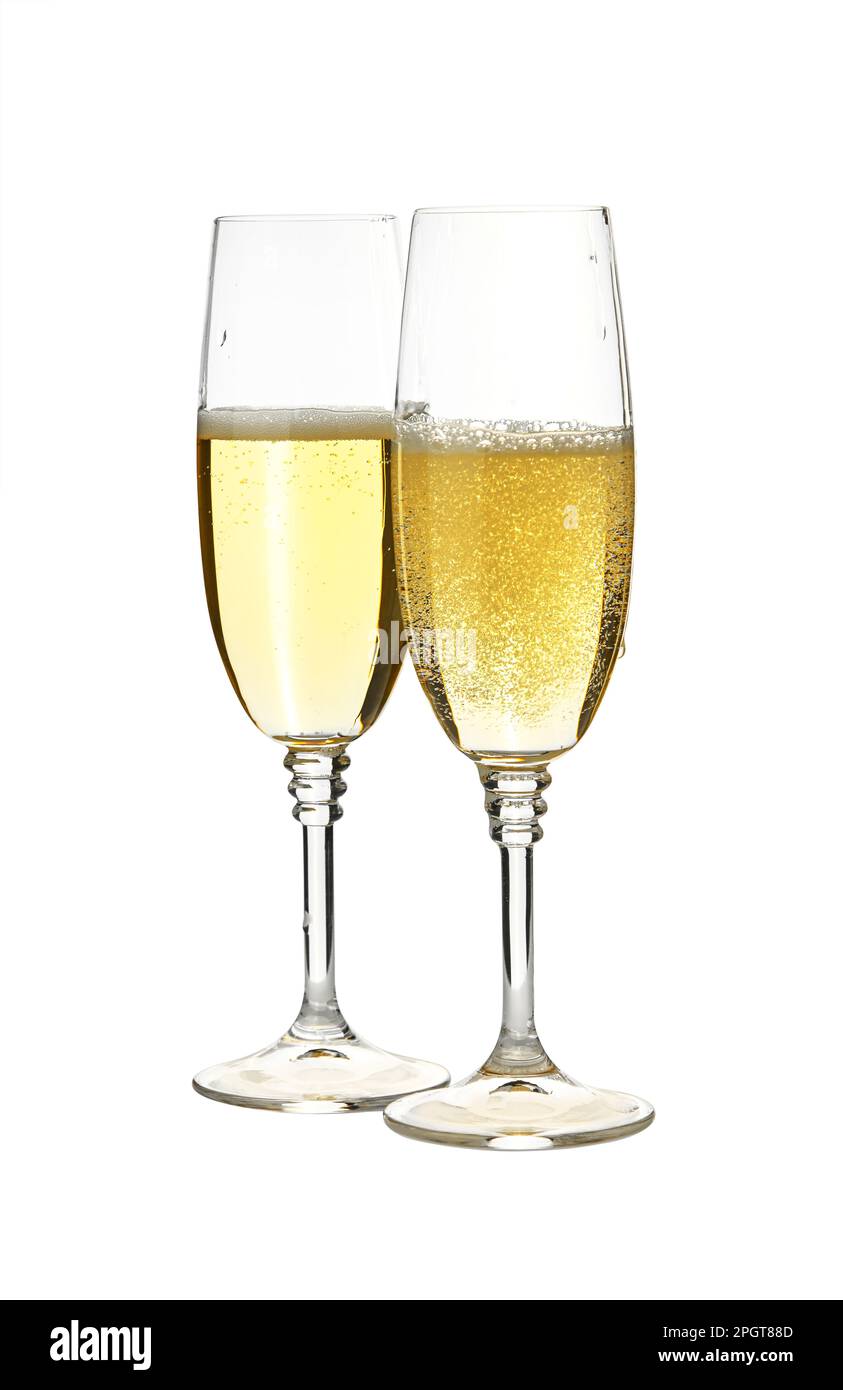 Close up two half full glasses of champagne or prosecco white sparkling ...