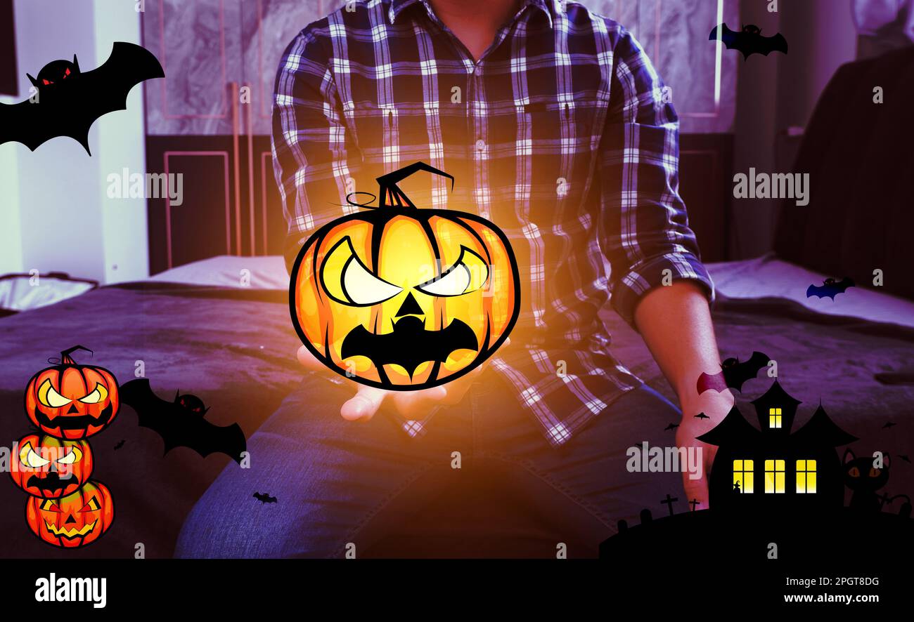 Relaxing day at home with Halloween cartoons Devil's Pumpkin and Castle ...