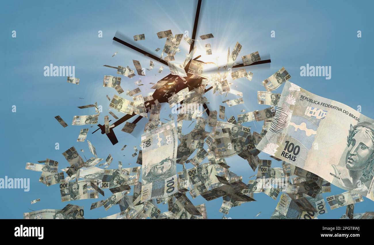 Brazil Real banknotes helicopter money dropping. Brazilian 100 BRL ...